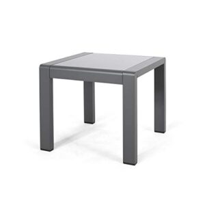 gdfstudio outdoor aluminum side table with glass top, matte gray and gray finish