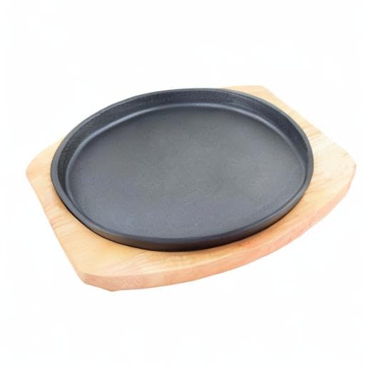 SUNRISE Round Cast Iron Set W/Rubber Wood Underliner For Making Pizza, Sizzling meat (11.80")