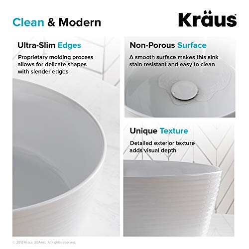 KRAUS Viva™ Round White Porcelain Ceramic Vessel Bathroom Sink with Pop-Up Drain, 15 3/4 in. D x 5 3/8 in. H, KCV-205GWH