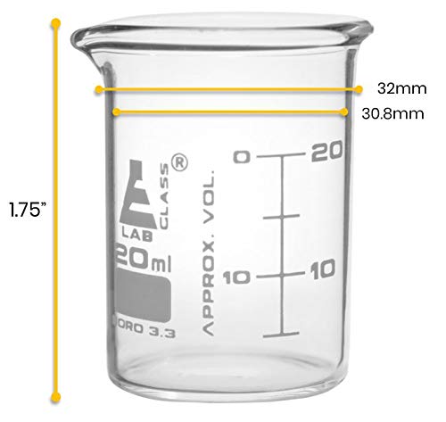 EISCO 12PK Beakers, 20ml - ASTM - Low Form with Spout - Dual Scale, White Graduations - Borosilicate 3.3 Glass