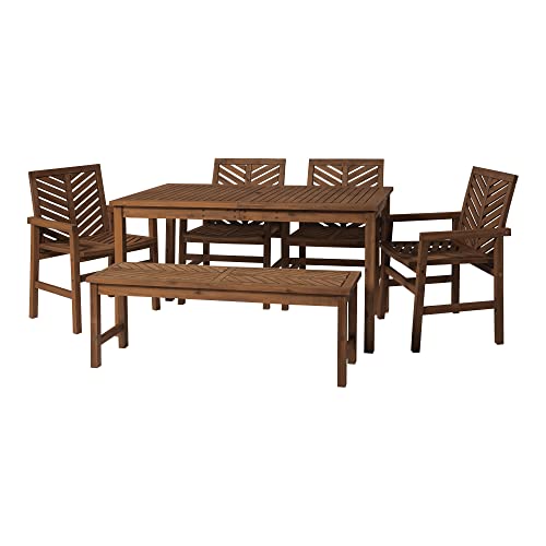 Walker Edison 7 Person Outdoor Wood Chevron Patio Furniture Dining Set Table Chairs Bench All Weather Backyard Conversation Garden Poolside Balcony, 6 Piece, Dark Brown