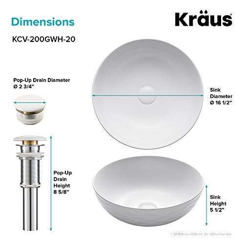 KRAUS Viva™ Round White Porcelain Ceramic Vessel Bathroom Sink with Pop-Up Drain, 16 1/2 in. D x 5 1/2 in. H, KCV-200GWH