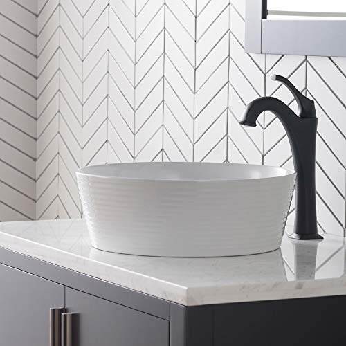 KRAUS Viva™ Round White Porcelain Ceramic Vessel Bathroom Sink with Pop-Up Drain, 15 3/4 in. D x 5 3/8 in. H, KCV-205GWH