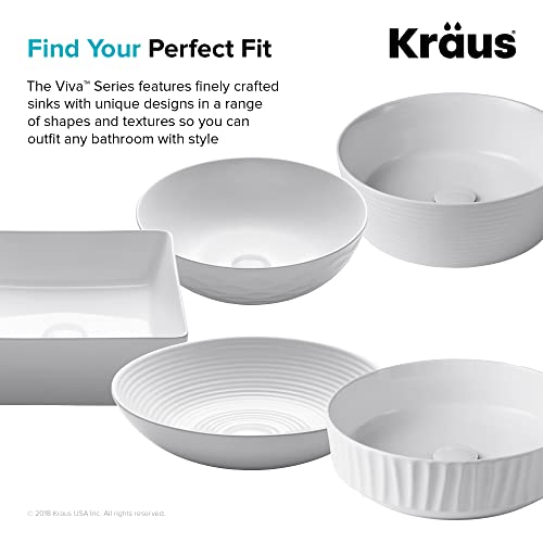 KRAUS Viva™ Round White Porcelain Ceramic Vessel Bathroom Sink with Pop-Up Drain, 16 1/2 in. D x 5 1/2 in. H, KCV-200GWH