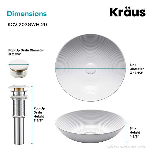 KRAUS Viva™ Round White Porcelain Ceramic Vessel Bathroom Sink with Pop-Up Drain, 16 1/2 in. D x 4 3/8 in. H, KCV-203GWH