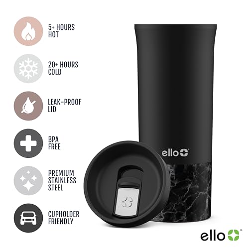 Ello Miri 16oz Vacuum Insulated Stainless Steel Travel Mug, Leak-Proof Slider Lid, Keeps Hot for 5 Hours, Perfect for Coffee or Tea, BPA-Free, Fits Most Cupholders, Holiday Gift, Black