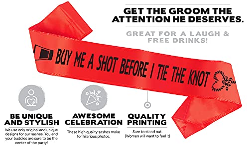 Brosash "Buy Me a Shot Before I Tie The Knot Red Bachelor Bachelorette Party Sash Black Lettering Bride Gifts Bridal Shower Favors Engagement Set Women Men Wedding Ideas Decorations Funny Decor