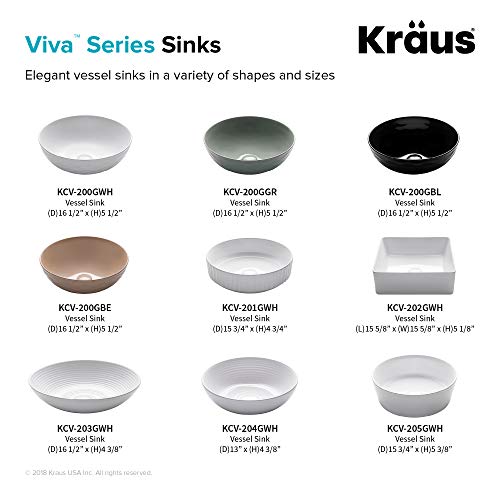 KRAUS Viva™ Round White Porcelain Ceramic Vessel Bathroom Sink with Pop-Up Drain, 15 3/4 in. D x 5 3/8 in. H, KCV-205GWH