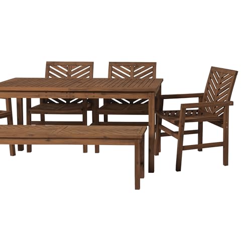 Walker Edison 7 Person Outdoor Wood Chevron Patio Furniture Dining Set Table Chairs Bench All Weather Backyard Conversation Garden Poolside Balcony, 6 Piece, Dark Brown