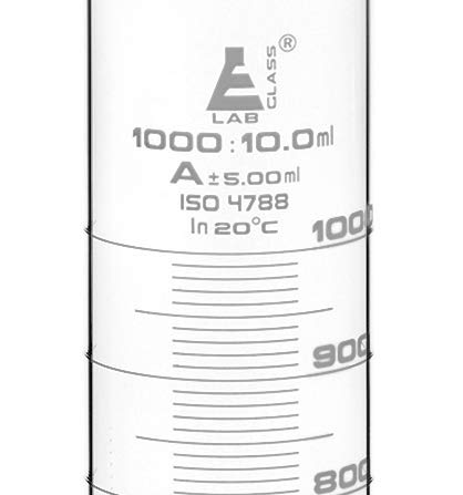 EISCO Graduated Cylinder, 1000ml - Class A Tolerance ±5.00ml - Round Base - White Graduations - Borosilicate 3.3 Glass