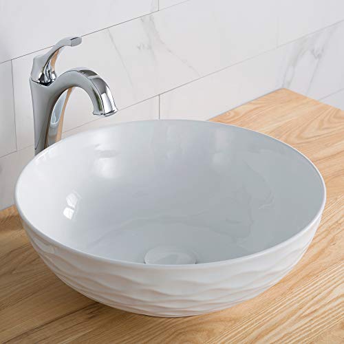 KRAUS Viva™ Round White Porcelain Ceramic Vessel Bathroom Sink with Pop-Up Drain, 16 1/2 in. D x 5 1/2 in. H, KCV-200GWH