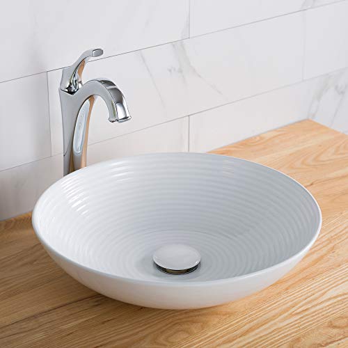 KRAUS Viva™ Round White Porcelain Ceramic Vessel Bathroom Sink with Pop-Up Drain, 16 1/2 in. D x 4 3/8 in. H, KCV-203GWH