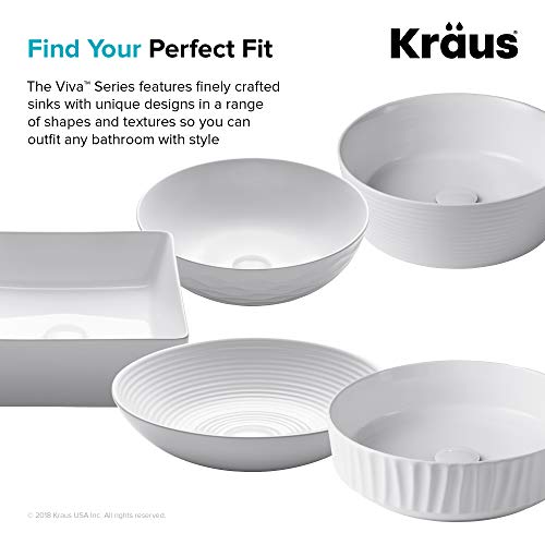 KRAUS Viva™ Round White Porcelain Ceramic Vessel Bathroom Sink with Pop-Up Drain, 15 3/4 in. D x 5 3/8 in. H, KCV-205GWH