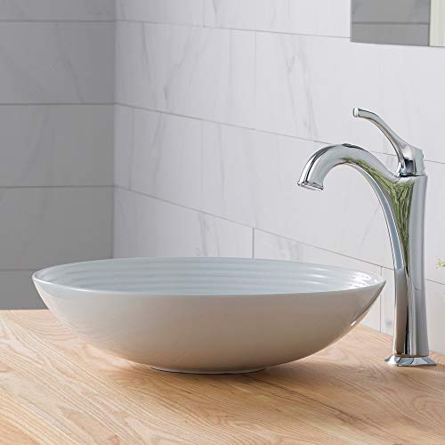 KRAUS Viva™ Round White Porcelain Ceramic Vessel Bathroom Sink with Pop-Up Drain, 16 1/2 in. D x 4 3/8 in. H, KCV-203GWH