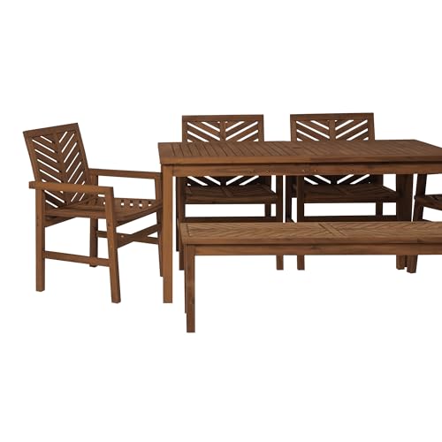 Walker Edison 7 Person Outdoor Wood Chevron Patio Furniture Dining Set Table Chairs Bench All Weather Backyard Conversation Garden Poolside Balcony, 6 Piece, Dark Brown