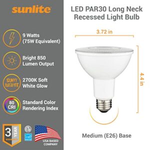 Sunlite LED PAR30 Long Neck Recessed Light Bulb, 9 Watt, (75W EQ), 850 Lm, Medium E26 Base, Dimmable, ETL Listed, 35 Degrees Beam Angle, Energy Star Certified, 2700K Soft White, 6 Pack