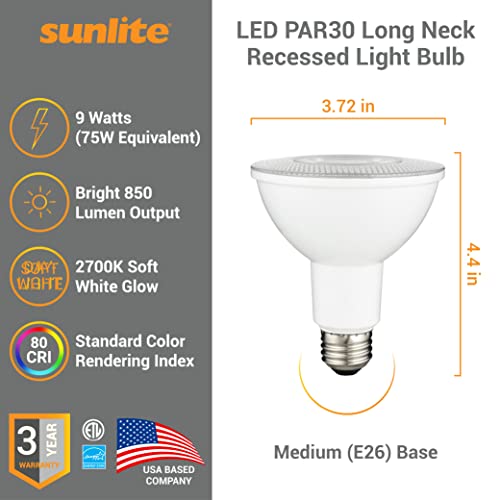 Sunlite LED PAR30 Long Neck Recessed Light Bulb, 9 Watt, (75W EQ), 850 Lm, Medium E26 Base, Dimmable, ETL Listed, 35 Degrees Beam Angle, Energy Star Certified, 2700K Soft White, 6 Pack