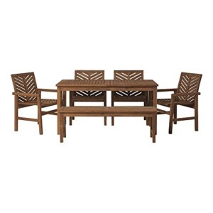 walker edison 7 person outdoor wood chevron patio furniture dining set table chairs bench all weather backyard conversation garden poolside balcony, 6 piece, dark brown