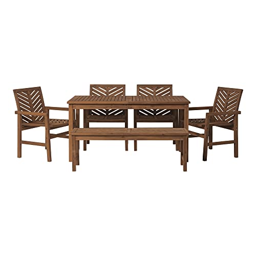 Walker Edison 7 Person Outdoor Wood Chevron Patio Furniture Dining Set Table Chairs Bench All Weather Backyard Conversation Garden Poolside Balcony, 6 Piece, Dark Brown