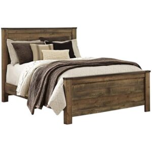 bowery hill queen size panel bed with headboard, footboard, platform, wooden slats in wood, in mahogany, no box spring needed, easy assembly