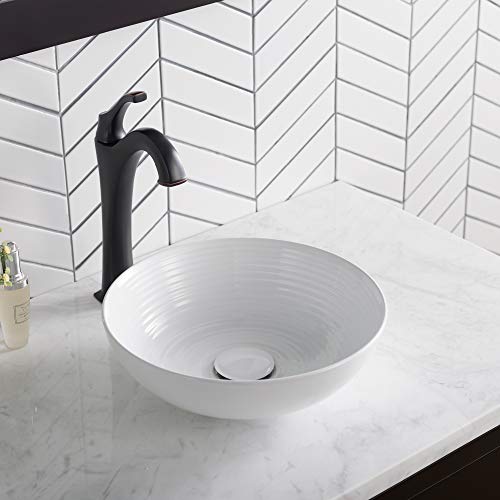 KRAUS Viva™ Round White Porcelain Ceramic Vessel Bathroom Sink with Pop-Up Drain, 13 in. D x 4 3/8 in. H, KCV-204GWH