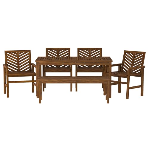 Walker Edison 7 Person Outdoor Wood Chevron Patio Furniture Dining Set Table Chairs Bench All Weather Backyard Conversation Garden Poolside Balcony, 6 Piece, Dark Brown