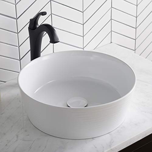 KRAUS Viva™ Round White Porcelain Ceramic Vessel Bathroom Sink with Pop-Up Drain, 15 3/4 in. D x 5 3/8 in. H, KCV-205GWH