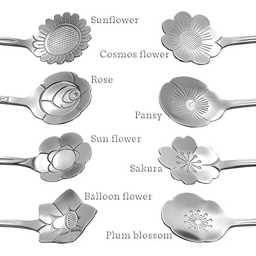 AnSaw 8 Pcs Flower Spoon Set, Stainless Steel Reusable Tea Scoops Stirring Spoon Coffee Spoon Mixing Spoon Sugar Dessert Cake Spoon Ice Cream Spoons Tableware for Tea Parties (length:4.9 inch, Silver)