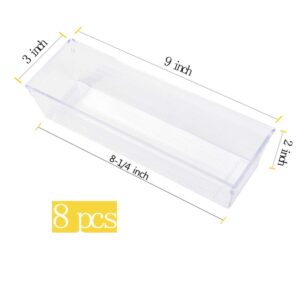 Backerysupply Clear Plastic Drawer Organizer Tray for Vanity Cabinet (9"×3"×2"，Set of 8),Storage Tray for Makeup, Kitchen Utensils, Jewelries, and Gadgets