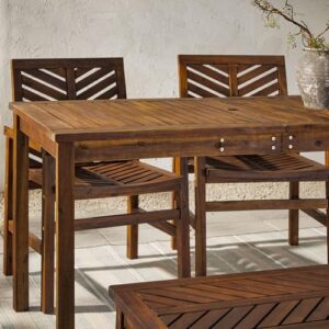 Walker Edison 7 Person Outdoor Wood Chevron Patio Furniture Dining Set Table Chairs Bench All Weather Backyard Conversation Garden Poolside Balcony, 6 Piece, Dark Brown