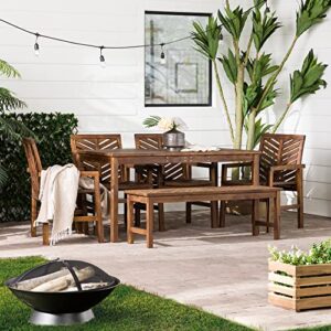 Walker Edison 7 Person Outdoor Wood Chevron Patio Furniture Dining Set Table Chairs Bench All Weather Backyard Conversation Garden Poolside Balcony, 6 Piece, Dark Brown