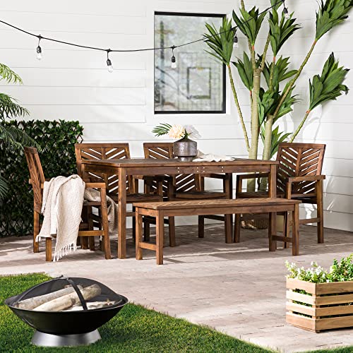 Walker Edison 7 Person Outdoor Wood Chevron Patio Furniture Dining Set Table Chairs Bench All Weather Backyard Conversation Garden Poolside Balcony, 6 Piece, Dark Brown