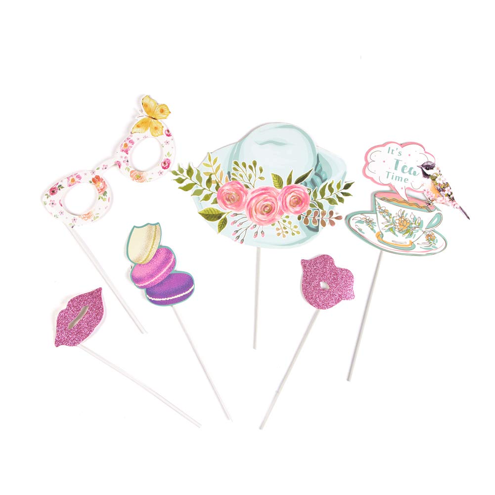 SUNBEAUTY 14 Pcs Tea Party Photo Booth Props Tea Party Decorations Alice in Wonderland Party Supplies Garden Party Bridal Shower for Girls Women