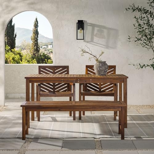 Walker Edison 7 Person Outdoor Wood Chevron Patio Furniture Dining Set Table Chairs Bench All Weather Backyard Conversation Garden Poolside Balcony, 6 Piece, Dark Brown