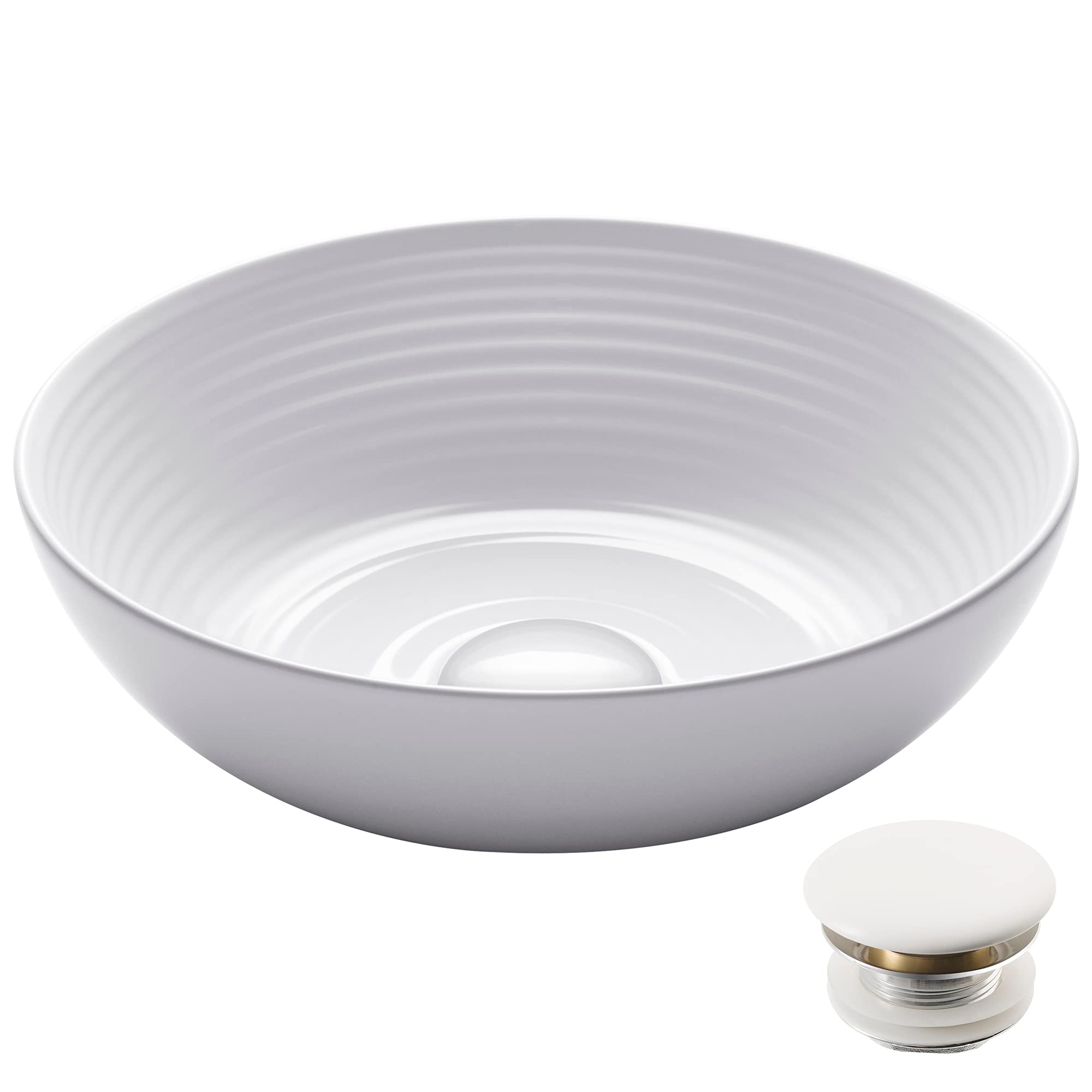 KRAUS Viva™ Round White Porcelain Ceramic Vessel Bathroom Sink with Pop-Up Drain, 13 in. D x 4 3/8 in. H, KCV-204GWH