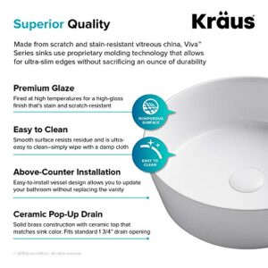 KRAUS Viva™ Round White Porcelain Ceramic Vessel Bathroom Sink with Pop-Up Drain, 15 3/4 in. D x 5 3/8 in. H, KCV-205GWH