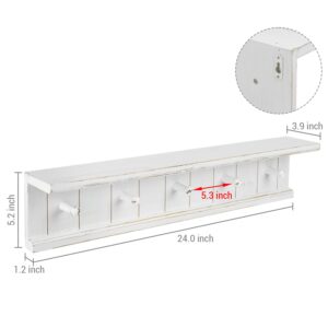 MyGift Wall Mounted 5-Hook Vintage White Wood Floating Bathroom Shelf & Towel Rack