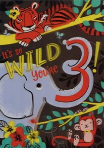 designer greetings tiger, elephant and monkey 3d lenticular motion age 3 / 3rd birthday card