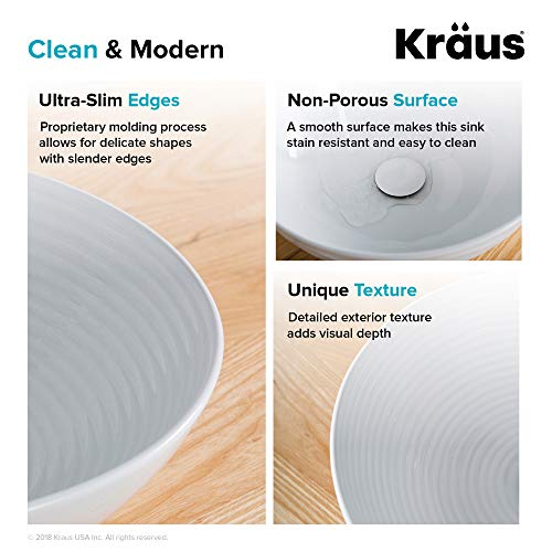 KRAUS Viva™ Round White Porcelain Ceramic Vessel Bathroom Sink with Pop-Up Drain, 16 1/2 in. D x 4 3/8 in. H, KCV-203GWH