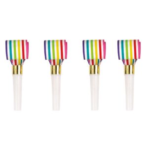 unique vibrant rainbow stripe squawker blowouts, 8 count, eco-friendly paper celebration noise makers - perfect for birthday parties & events