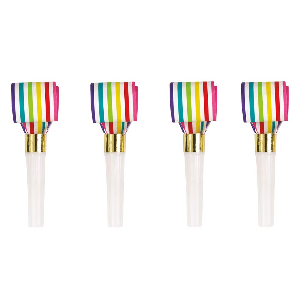 Unique Vibrant Rainbow Stripe Squawker Blowouts, 8 Count, Eco-Friendly Paper Celebration Noise Makers - Perfect For Birthday Parties & Events