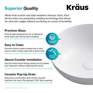 KRAUS Viva™ Round White Porcelain Ceramic Vessel Bathroom Sink with Pop-Up Drain, 16 1/2 in. D x 5 1/2 in. H, KCV-200GWH