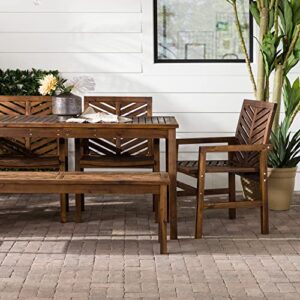 Walker Edison 7 Person Outdoor Wood Chevron Patio Furniture Dining Set Table Chairs Bench All Weather Backyard Conversation Garden Poolside Balcony, 6 Piece, Dark Brown