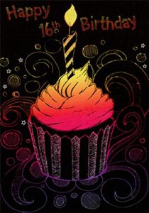 designer greetings cupcake with red and orange frosting on black age 16 / 16th birthday card