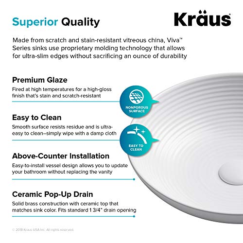 KRAUS Viva™ Round White Porcelain Ceramic Vessel Bathroom Sink with Pop-Up Drain, 16 1/2 in. D x 4 3/8 in. H, KCV-203GWH