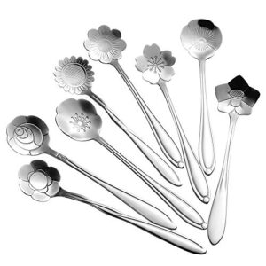 ansaw 8 pcs flower spoon set, stainless steel reusable tea scoops stirring spoon coffee spoon mixing spoon sugar dessert cake spoon ice cream spoons tableware for tea parties (length:4.9 inch, silver)