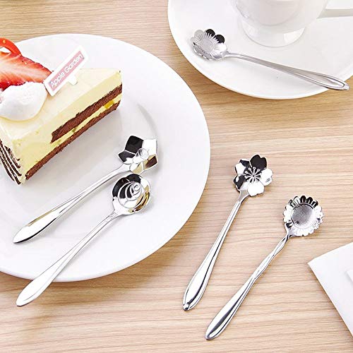 AnSaw 8 Pcs Flower Spoon Set, Stainless Steel Reusable Tea Scoops Stirring Spoon Coffee Spoon Mixing Spoon Sugar Dessert Cake Spoon Ice Cream Spoons Tableware for Tea Parties (length:4.9 inch, Silver)