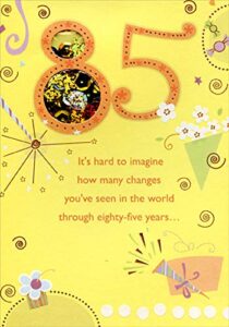 designer greetings daisies and star burst on bright yellow sequin filled die cut window age 85 / 85th birthday card