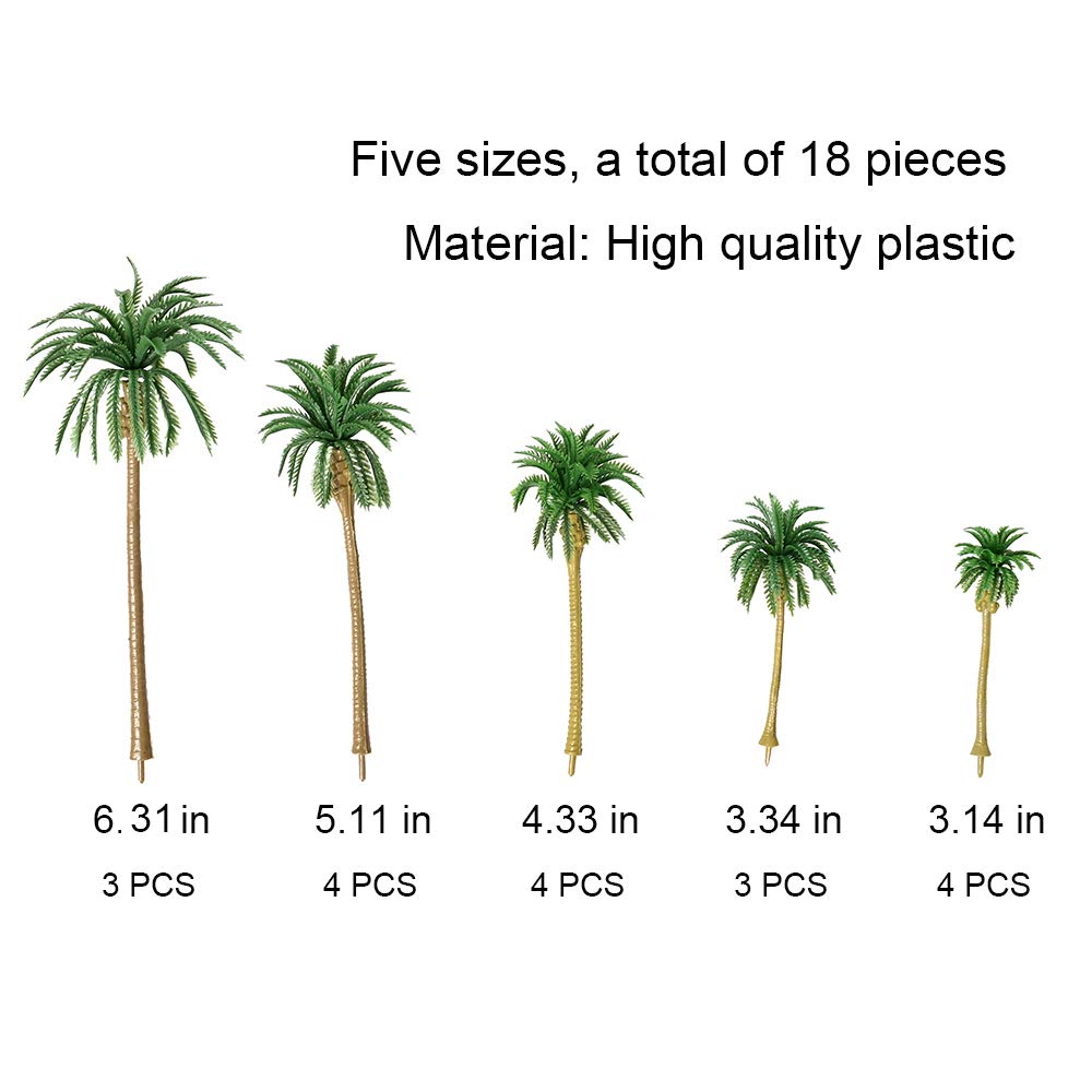 HUIANER Palm Tree Model Trees, Miniature Palm Trees Mixed 5 Size Fake Plastic Trees with No Stands for DIY Scenery Landscape Cake Decoration（18PCS 3.1" - 6.3"）