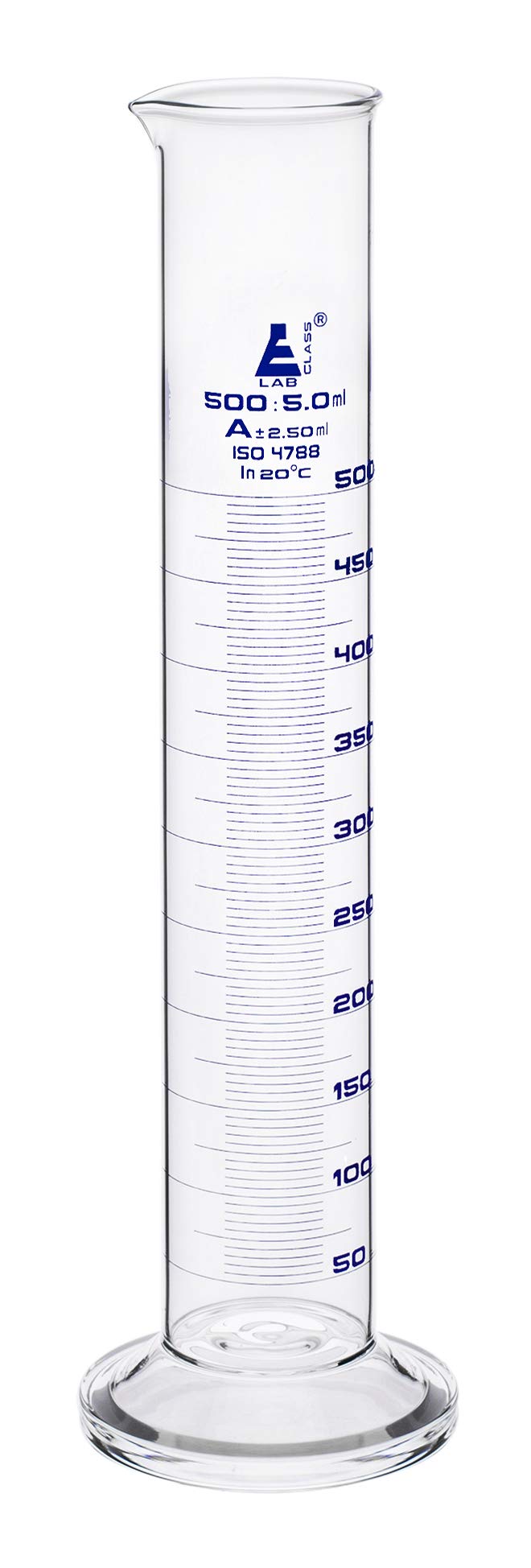 EISCO Graduated Cylinder, 500ml - Class A Tolerance ±2.50ml - Round Base - Blue Graduations - Borosilicate 3.3 Glass